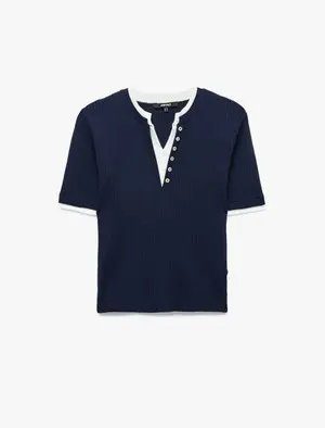 Koton Regular Fit Short Sleeve Henley Neck Knit Sweater