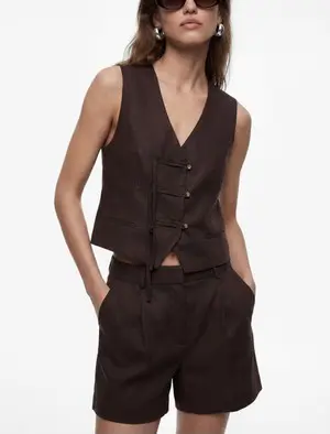 Koton Linen Blend Tailored V-neck Vest With Frog Closure