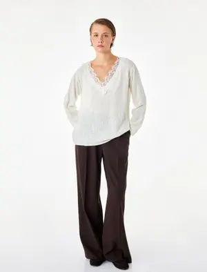 Koton Long-sleeve V-neck Oversized Knit Sweater With Lace