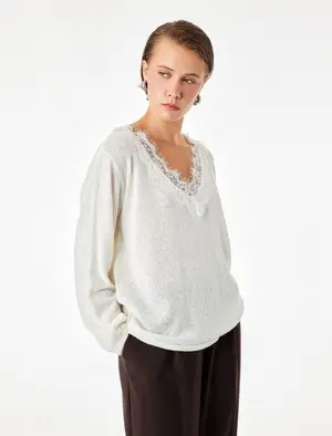 Koton Long-sleeve V-neck Oversized Knit Sweater With Lace