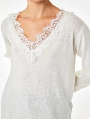 Koton Long-sleeve V-neck Oversized Knit Sweater With Lace