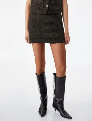 Koton Slim Wool Blend Plaid A-line Mini Tweed Skirt