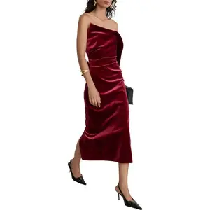 REISS Dasha Velvet One-shoulder Midi Dress - Red