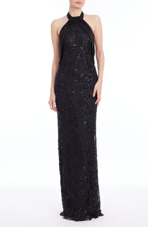 Badgley Mischka Sequined Lace Halter Neck Gown - Black