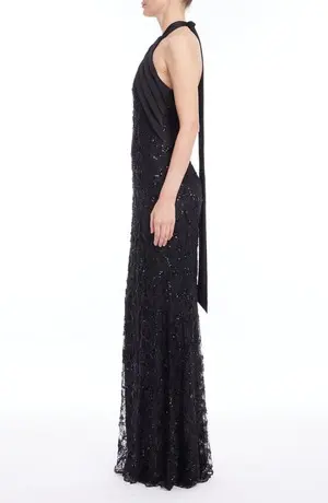 Badgley Mischka Sequined Lace Halter Neck Gown