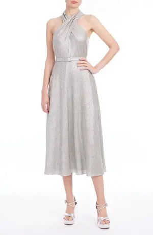 Badgley Mischka Twist Halter Midi Dress - Silver