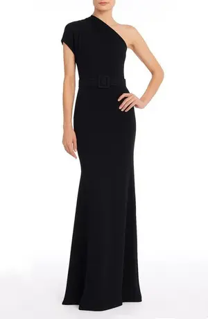 Badgley Mischka One-shoulder Belted Gown - Black