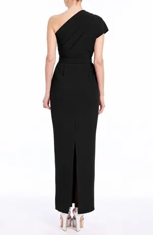 Badgley Mischka One-shoulder Belted Gown - Black