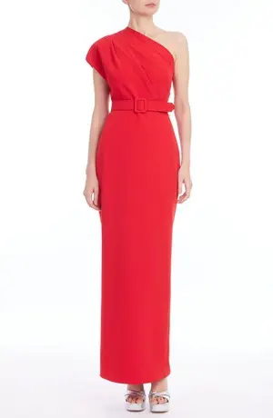 Badgley Mischka One-shoulder Belted Gown - Red