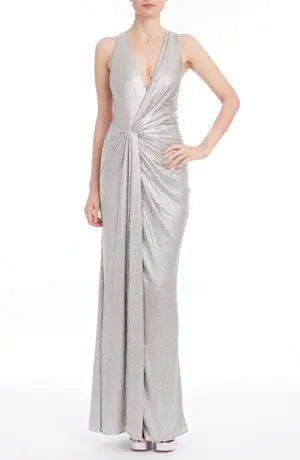 Badgley Mischka V-neck Stretch Lurex Gown - Silver