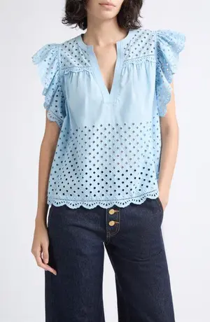 Ulla Johnson Elizat Flutter Sleeve Eyelet Cotton Top