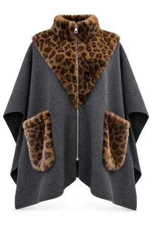 JAMES LAKELAND Leopard Faux Fur Trim Cape - Grey