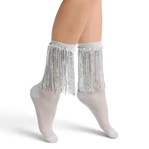 HIGH HEEL JUNGLE BY KATHRYN EISMAN Stevie Metallic Lurex Socks With Glitter Fringe - Silver