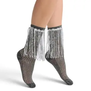 HIGH HEEL JUNGLE BY KATHRYN EISMAN Stevie Metallic Lurex Socks With Glitter Fringe - Black
