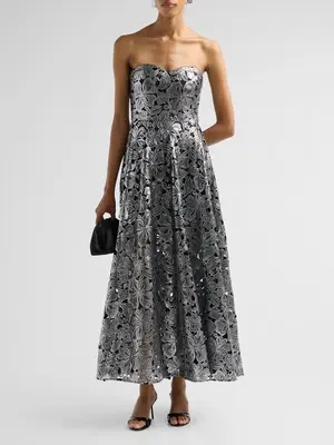 AS IT MAY Amelie Metallic Lace Strapless Maxi Dress