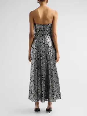 AS IT MAY Amelie Metallic Lace Strapless Maxi Dress