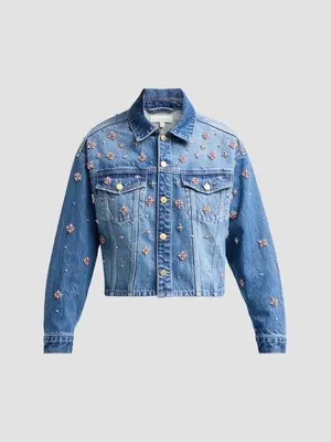 LoveShackFancy Amana Embellished Denim Jacket - Washed Midnight
