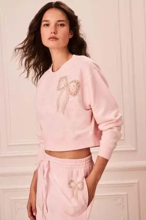 LoveShackFancy Rylan Embellished Bow Pullover - Strawberry Float