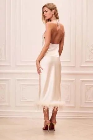 LoveShackFancy Endira Satin Feather-trimmed Midi Skirt