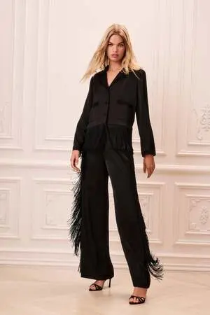 LoveShackFancy Eleska Satin Fringe Pant - Black