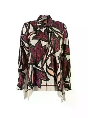 FERRAGAMO Leaf-print Asymmetric-hem Shirt - Neutrals