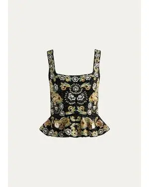 Alice + Olivia Lilianna Embroidered Peplum Top - Black/multi