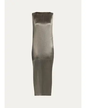 Issey Miyake Glossed Panels Pleated Sleeveless Midi Dress - Gray