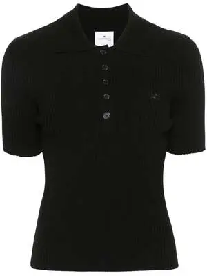 COURREGES Signature Rib Knit Polo With Logo Patch - Black