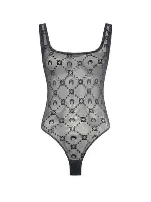 MARINE SERRE Moonogram Mesh Flock Square Neck Bodysuit - Black