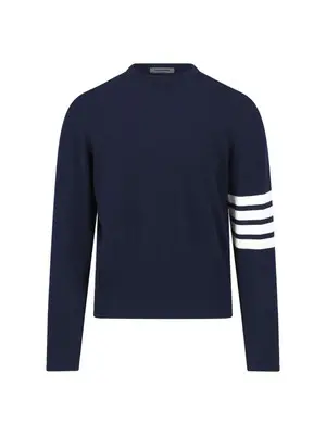 Thom Browne Crewneck Cashmere Sweater With Stripe Detail - Blue