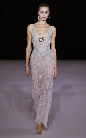 GEORGES HOBEIKA Embellished Sheer Silk-blend Gown - Silver