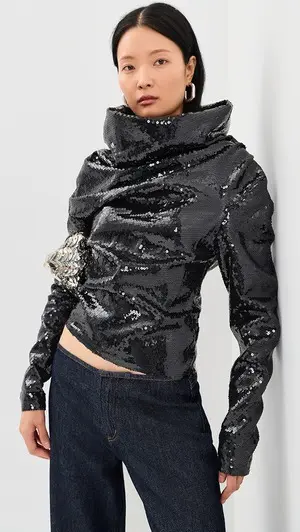 A.W.A.K.E. Mode Sequin High Neck Long Sleeve Top - Black