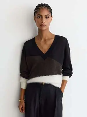 REISS Harley Panelled Metallic-knit Textured V-neck Jumper