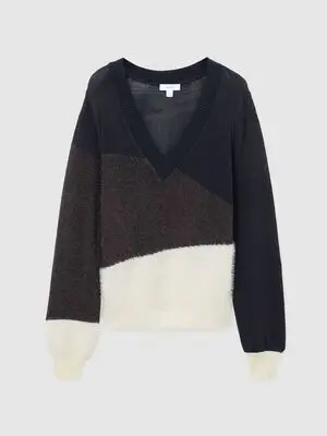 REISS Harley Panelled Metallic-knit Textured V-neck Jumper