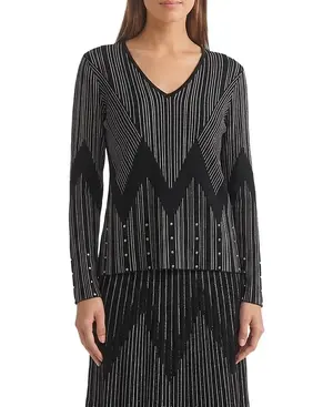 Ming Wang Silver Lurex Studded Soft Knit Top - Black/silver