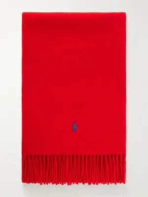 Polo Ralph Lauren Logo-embroidered Fringe-trimmed Brushed-wool Scarf - Red
