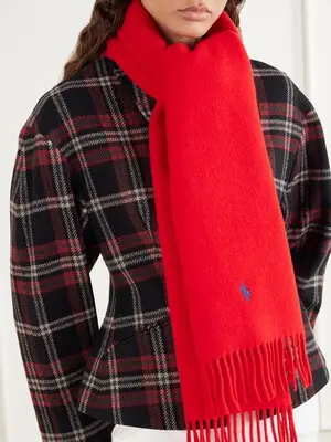 Polo Ralph Lauren Logo-embroidered Fringe-trimmed Brushed-wool Scarf