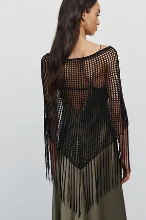 Anna Sui Knit Frged Poncho - Black