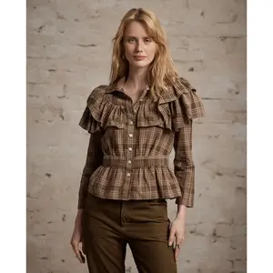 Ralph Lauren Ruffle-trim Plaid Cotton Blouse