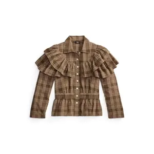 Ralph Lauren Ruffle-trim Plaid Cotton Blouse