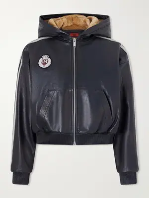 424 Logo-appliquéd Shearling-lined Striped Leather Hooded Jacket - Black