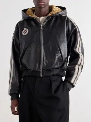 424 Logo-appliquéd Shearling-lined Striped Leather Hooded Jacket