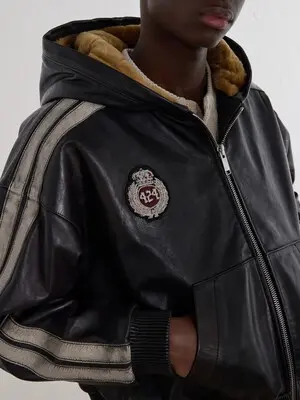 424 Logo-appliquéd Shearling-lined Striped Leather Hooded Jacket