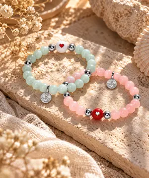 SEVEN SAINTS Heart Glow Duo | Morganite & Green Moonstone Bracelet Set - Silver