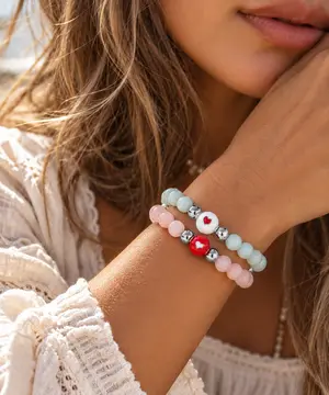 SEVEN SAINTS Heart Glow Duo | Morganite & Green Moonstone Bracelet Set - Silver
