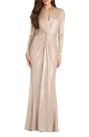 Tadashi Shoji Ferrum Metallic Twist Drape Gown - Pebble