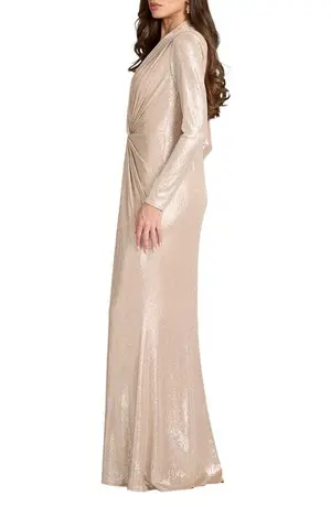 Tadashi Shoji Ferrum Metallic Twist Drape Gown