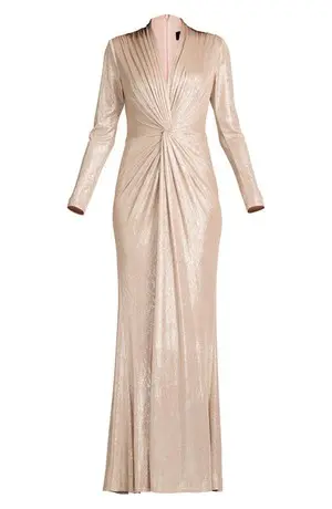 Tadashi Shoji Ferrum Metallic Twist Drape Gown