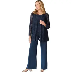 WOMAN WITHIN 3 Piece Lace Jacket/tank/pant Set Navy