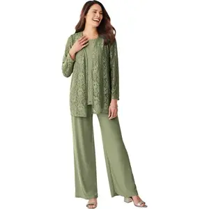 WOMAN WITHIN 3 Piece Lace Jacket/tank/pant Set - Sage